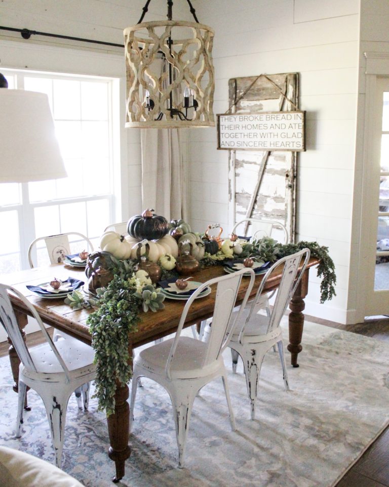 Farmhouse Fall Dining Room Decor - Navy and Copper Pumpkins! - Cotton Stem